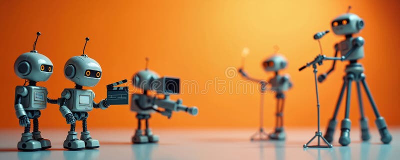 Robots Filming Movie Studio on Set. Robotic Assistant Holds ...