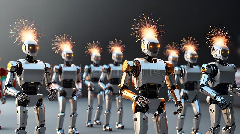 Robots with Fireworks on Heads Celebrating Stock Illustration ...