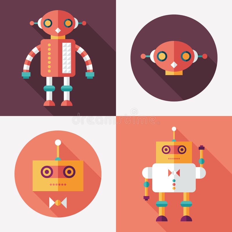 Robots Flat Square and Round Icons with Long Shadows. Set 14 Stock ...
