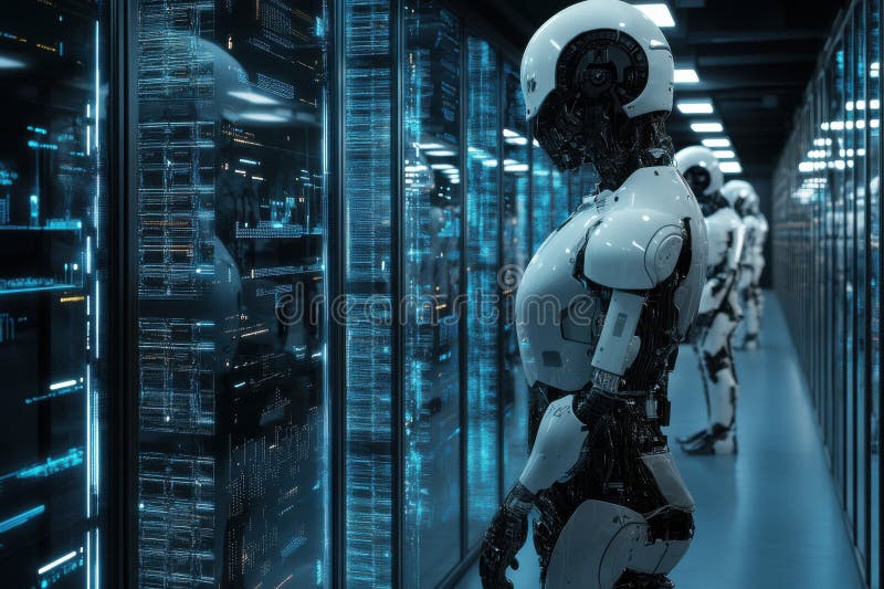 Robots in a Futuristic Data Center Stock Illustration - Illustration of ...