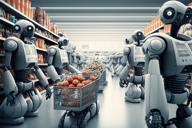 Robots In A Futuristic Supermarket With Robotic Arms Stocking Shelves And A Humanoid Robot