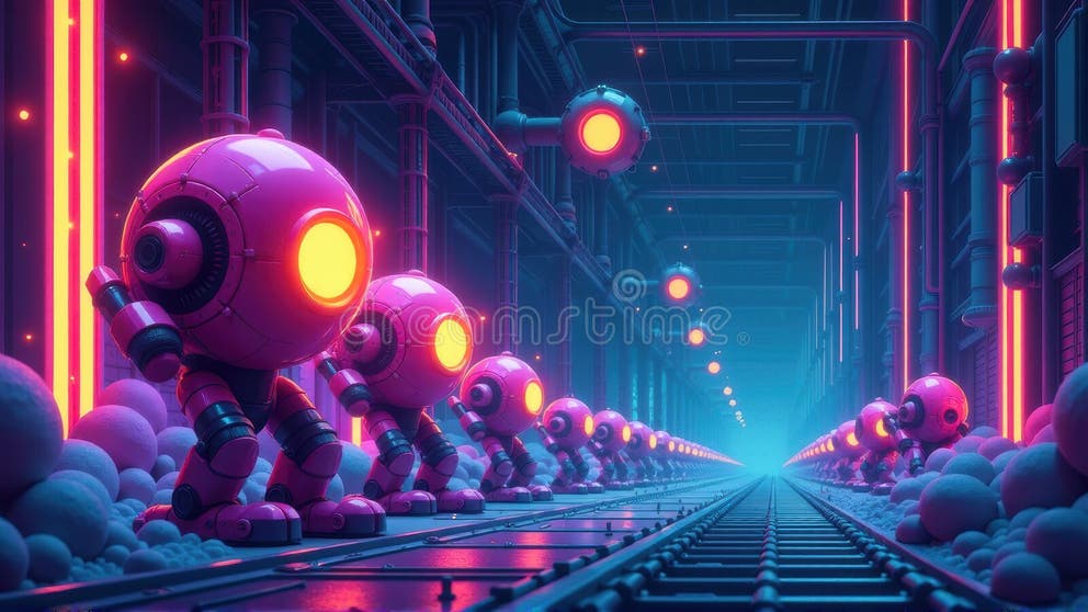 Robots on a Futuristic Train Track. Stock Illustration - Illustration ...