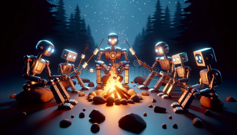 Robots Gathering Around a Campfire in the Forest at Night Stock ...