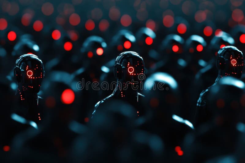 Robots with Glowing Red Lights Stand in a Line, Creating a Striking ...