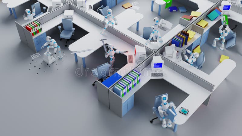 Robots Going Crazy in the Office, Office Space. Stock Illustration ...