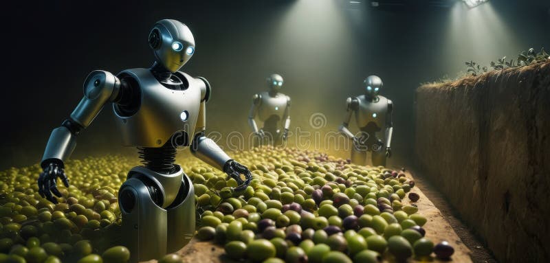 Robots Harvesting Grapes in a Vineyard at Night Stock Image - Image of ...