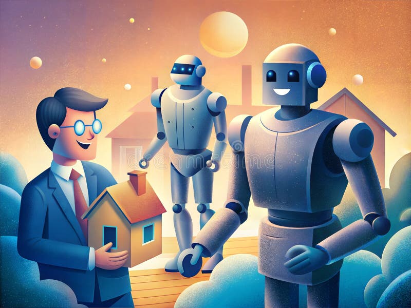 Robots Helps People To Sell Property Stock Illustration - Illustration ...