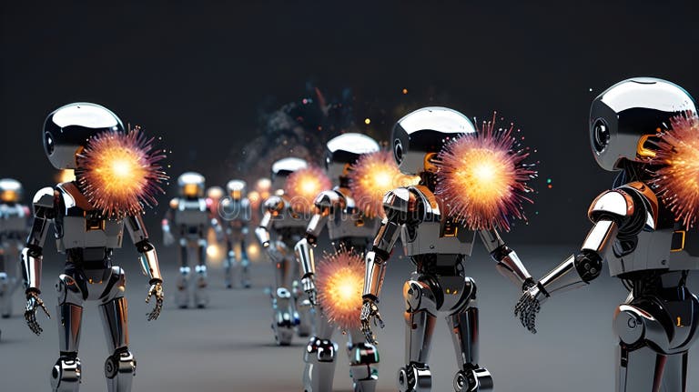 Robots Holding Fireworks in Formation Stock Illustration - Illustration ...
