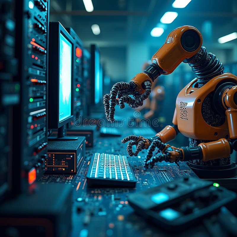 Robots Humanoid Work on Computers at Industry Replacing Humans Stock ...