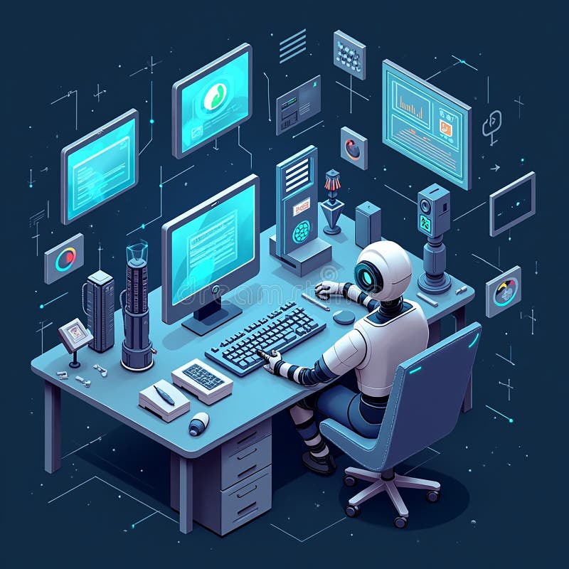 Robots Humanoid Work on Computers at Industry Replacing Humans Stock ...