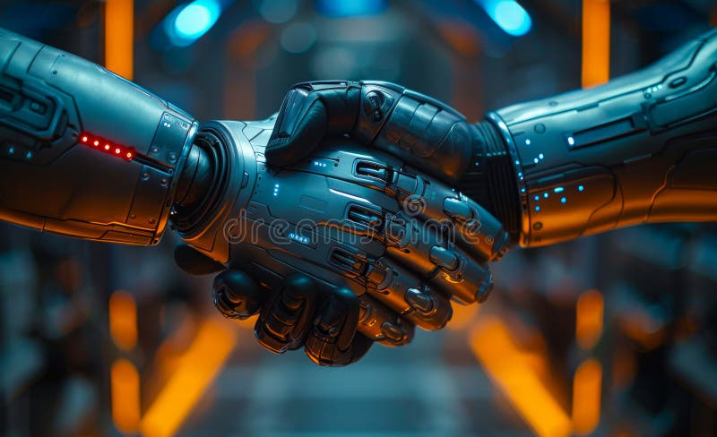 Robots and Humans Have Handshake Stock Photo - Image of machine ...