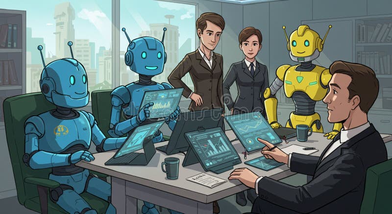 Robots and Humans in a Modern Office Setting, Collaborating Around a ...