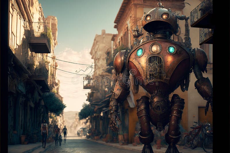 Robots and Humans in a Steampunk Style City, Generative Ai Stock ...