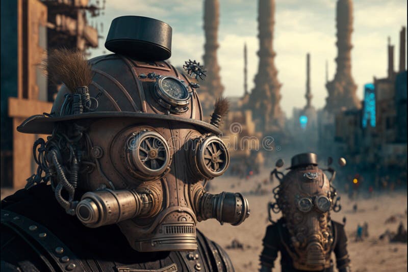 Robots and Humans in a Steampunk Style City, Generative Ai Stock ...