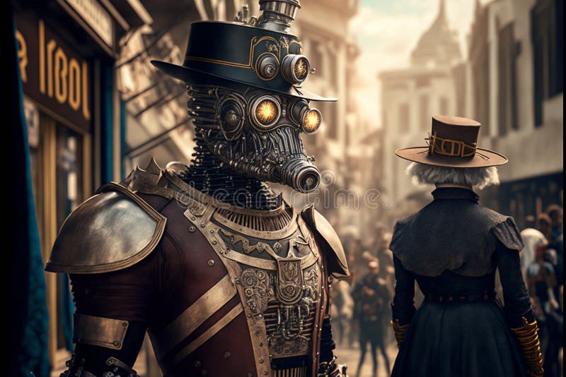 Robots and Humans in a Steampunk Style City, Generative Ai Stock ...