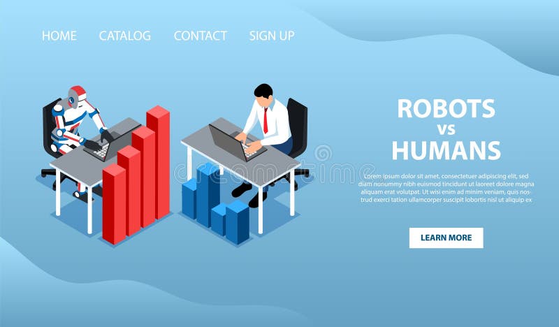 Robots Isometric Cartoon Landing Page Template Stock Illustration ...