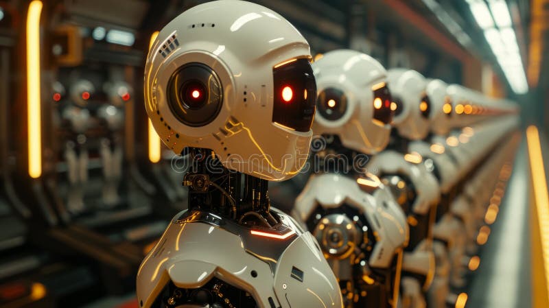 Robots Lined Up for Activation in a Futuristic Assembly Facility Stock ...
