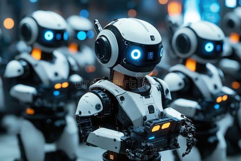 Robots Lined Up in a Futuristic Setting with Glowing Features Stock ...