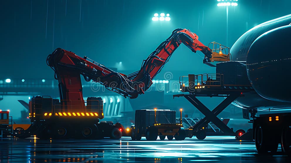 Robots Load Cargo Onto Planes at the Airport during the Night Stock ...