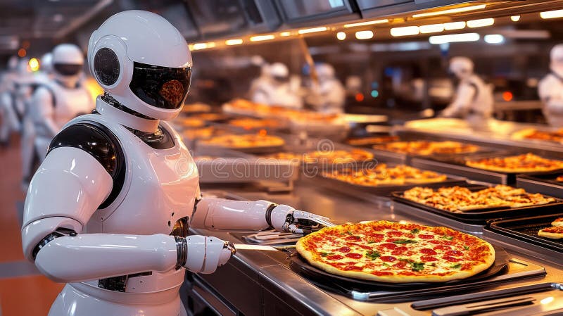 Robots Making Pizza in Futuristic Kitchen Setting Stock Image - Image ...