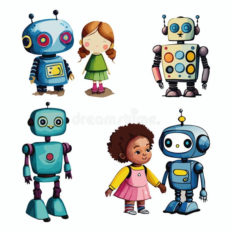Robots, Man and Robot Set of Vector Illustrations. Stock Vector - Illustration of character ...