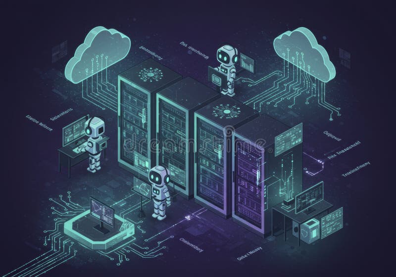 Robots Managing Data Servers and Cloud Network Isometric View Stock ...