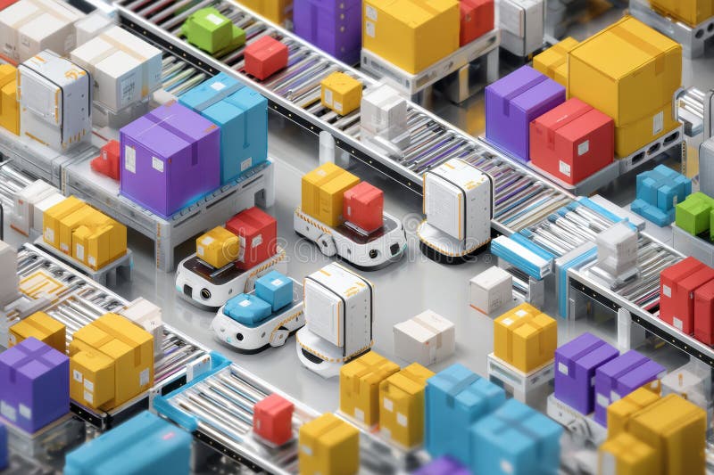Robots Organize Colorful Shipping Boxes in a Modern Warehouse Setting ...