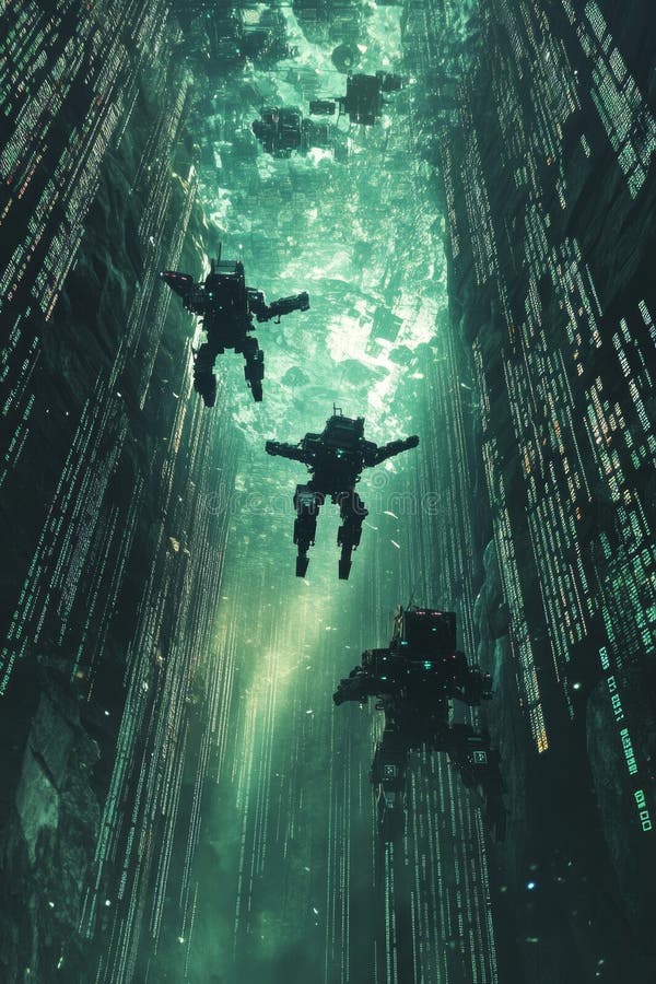 Robots Navigate A Digital Matrix With Cascading Data Streams Stock Illustration Illustration