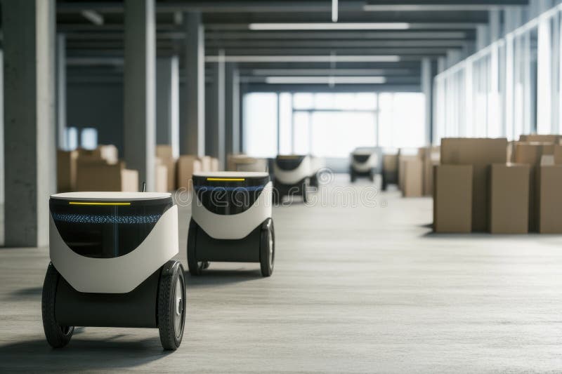 Robots Navigate a Warehouse Filled with Cardboard Boxes during Daytime ...
