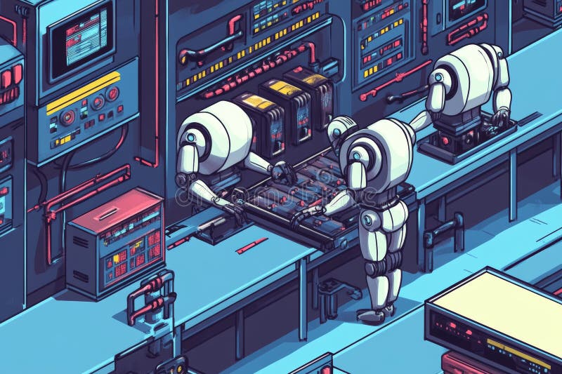 Robots Operate in a High-tech Factory, Assembling Components with ...