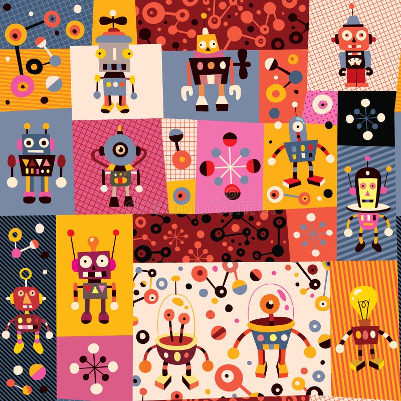 Cute Robots Collage Cartoon Retro Doodle Pattern Stock Vector ...