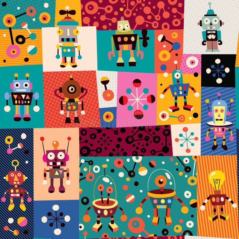 Cute Robots Collage Cartoon Retro Doodle Pattern Stock Vector ...