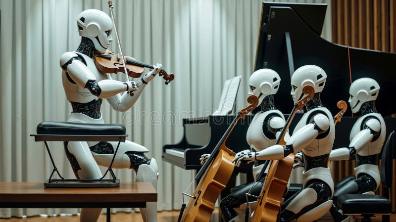 A Group of Robots Playing Instruments in Front of a Piano Stock Image ...