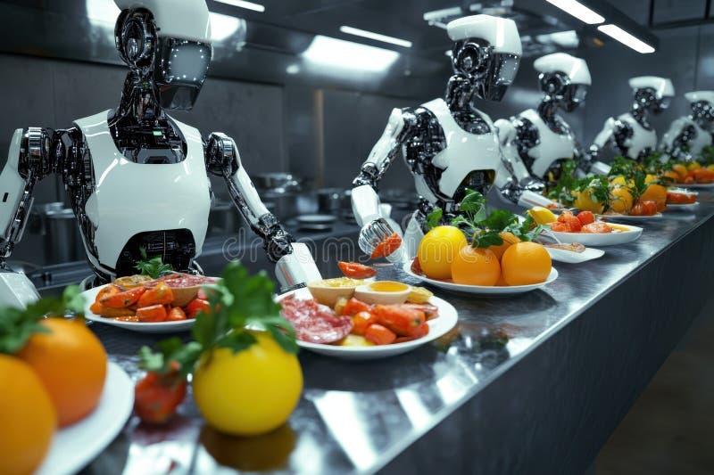 Robots Preparing Fresh Meals in a Modern Kitchen Setting during ...