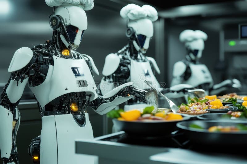 Robots Preparing Gourmet Meals in a Modern Kitchen during a Culinary ...
