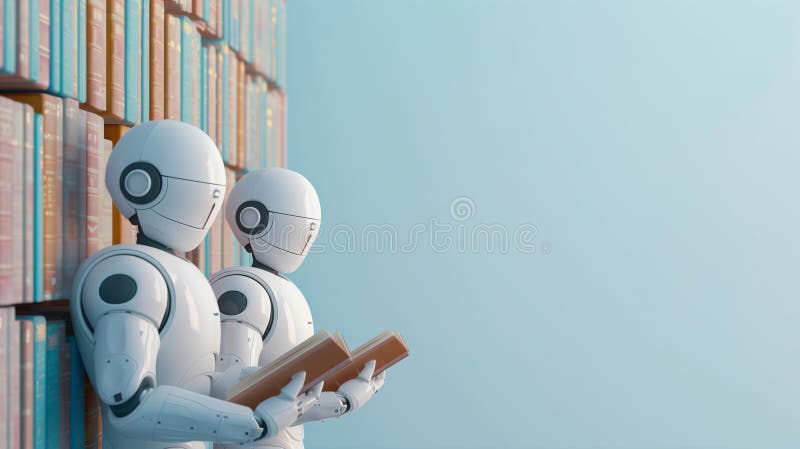 Robots Reading Books in Library Setting, Showcasing Blend of Technology ...