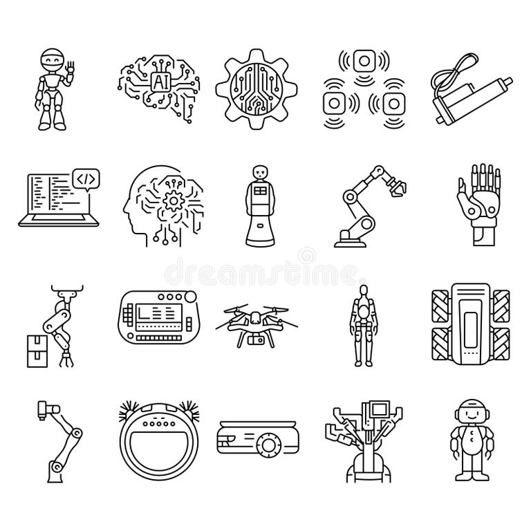 Robots Robot Line Icons Set Stock Vector - Illustration of drone, scout ...