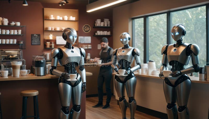 Robots Serve Coffee in Modern Cafe Interior Stock Photo - Image of ...