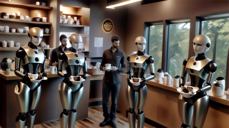A Modern Cafe with a Robot Assistant Where Customers Engage Together ...