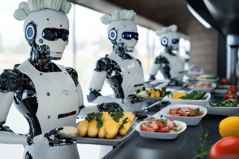 Robots Serving Dishes in a Modern Kitchen Setting with Fresh ...