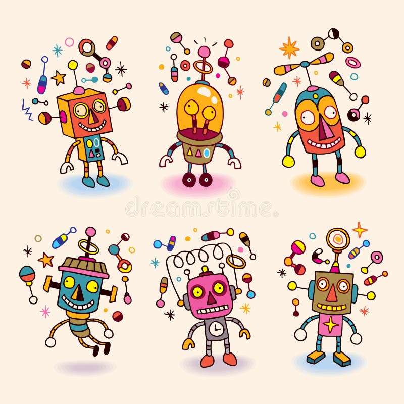 Cute Robots Collage Cartoon Retro Doodle Pattern Stock Vector ...