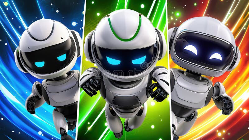 Robots Set Against Colorful Backgrounds for Technology Themes. a Set of ...