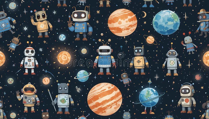 Robots in Space Cartoon Background with Planets and Stars Pattern Stock Illustration ...