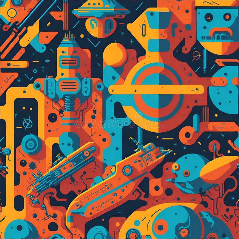 Robots, Spaceships Graphic Digital Art Patterns Inspired by Technology ...