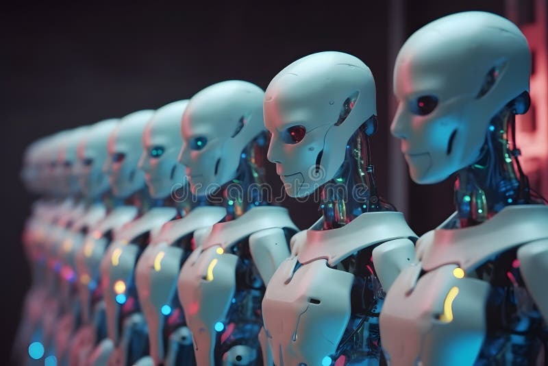 Robots Stand in Line. Neural Network AI Generated Stock Photo - Image ...