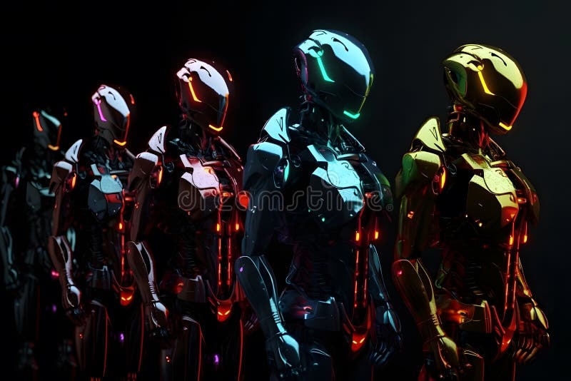 Robots Stand in Line. Neural Network AI Generated Stock Photo - Image ...