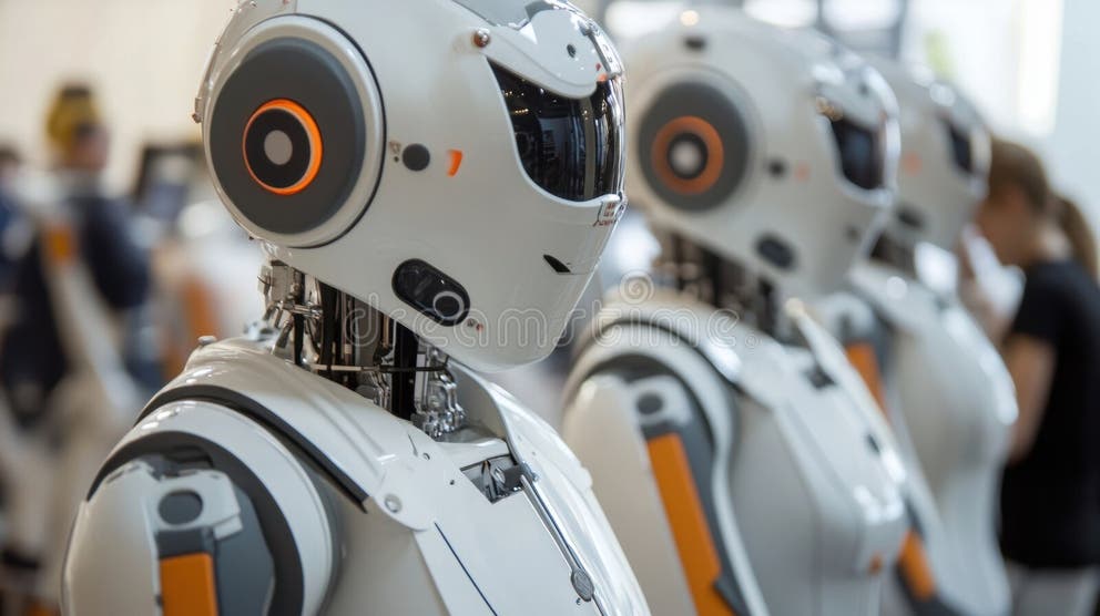 Robots Standing in a Row in a Manufacturing Facility Stock Photo ...
