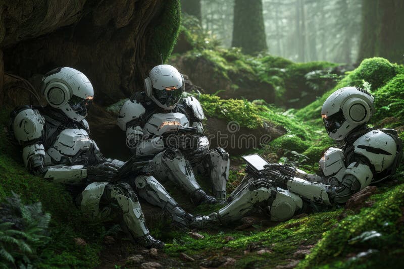 Robots, Strange Environment, Green Forest. Stock Illustration ...