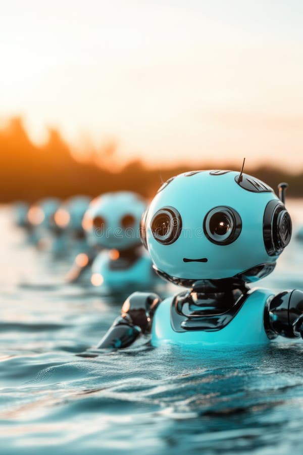 Robots Swimming at Sunset in Serene Water Environment Stock Image ...