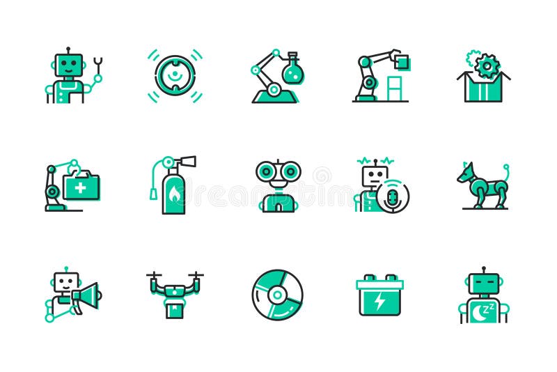 Robots and Technology - Set of Line Design Style Icons Stock Photo ...